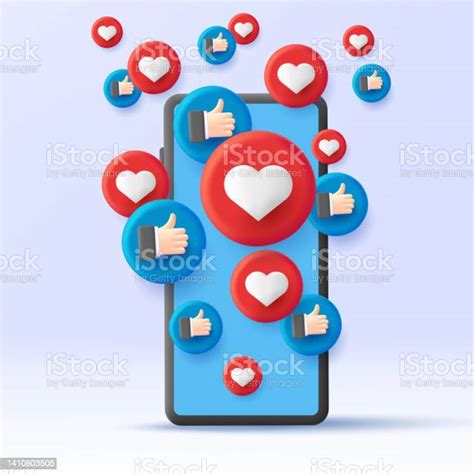 엄지 손가락과 심장과 같은 볼륨 버블이있는 3d 스마트 폰 일러스트 레이 션 3차원 형태에 대한 스톡 벡터 아트 및 기타 이미지