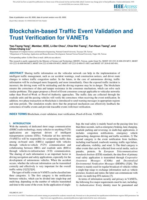 Pdf Blockchain Based Traffic Event Validation And Trust Verification For Vanets