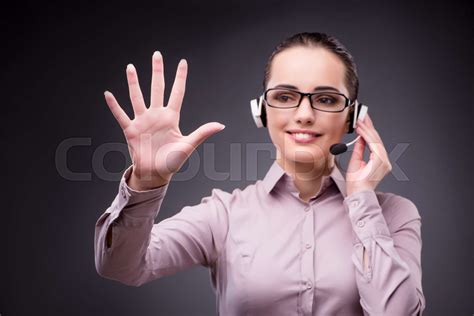Businesswoman Pressing Virtual Button In Business Concept Stock Image