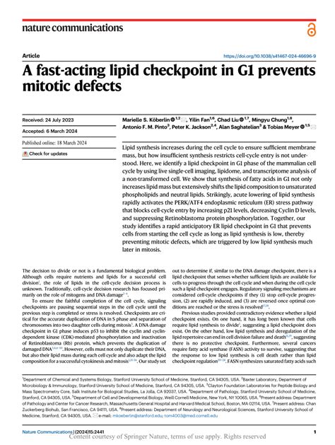 Pdf A Fast Acting Lipid Checkpoint In G1 Prevents Mitotic Defects