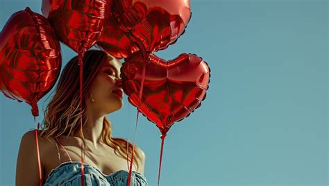 Premium Photo Young Woman With Red Heartshaped Balloons On Blue Sky Background