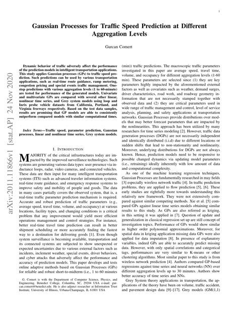 Pdf Gaussian Processes For Traffic Speed Prediction At Different Aggregation Levels