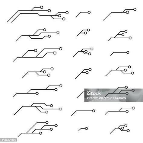 인쇄 회로 기판 Pcb 트랙은 흰색 배경에 분리되어 있습니다 끝에 선과 고리가 있는 테크니컬 클립아트 디자인용 디바이더 디자인 요소입니다 Cpu에 대한 스톡 벡터 아트 및