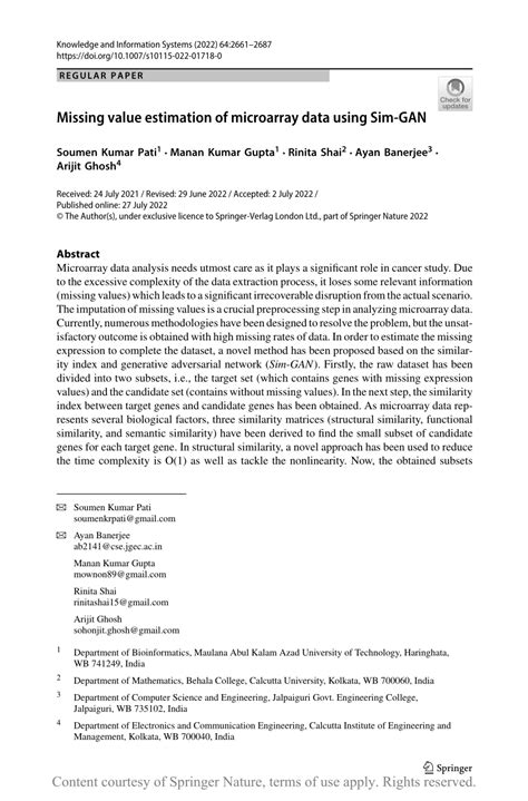 Missing Value Estimation Of Microarray Data Using Sim Gan Request Pdf