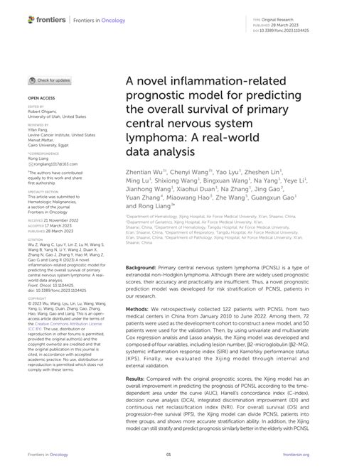 Pdf A Novel Inflammation Related Prognostic Model For Predicting The Overall Survival Of