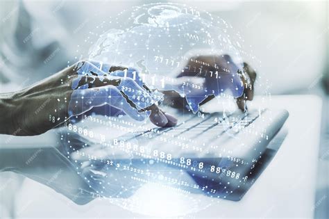 premium photo abstract creative coding concept with world map and hands typing on laptop on