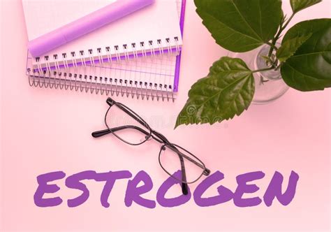 Sign Displaying Estrogen Word Written On Group Of Hormones Promote The