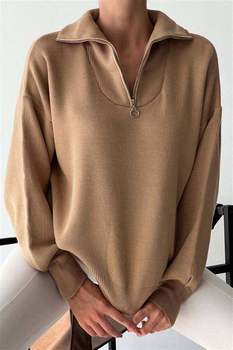 Zipper One Color Simple Woman Sweater Brownkafe Sweater Klaudio
