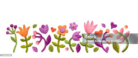 다양한 꽃 잎 허브 및 플라스틱 심장과 접해 있습니다 흰색 배경에 컬러 플라스틱 점토 3d 그림 귀여운 반죽 모양 개념에 대한 스톡 벡터 아트 및 기타 이미지 Istock