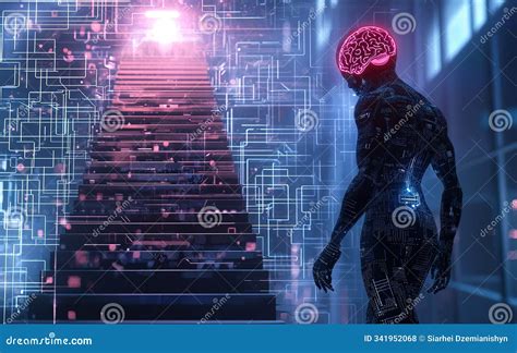 A Humanoid Figure With A Glowing Brain Stands Before Ascending Stairs In A Digital Corridor