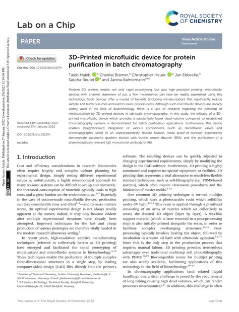 Pdf 3d Printed Microfluidic Device For Protein Purification In Batch