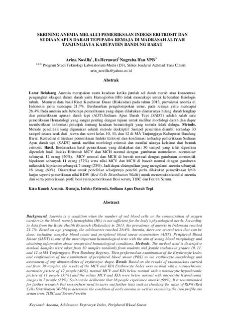 Pdf Skrining Anemia Melalui Pemeriksaan Indeks Eritrosit Dan Sediaan Apus Darah Tepi Pada