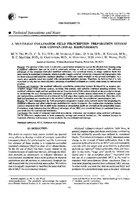Pdf A Multileaf Collimator Field Prescription Preparation System For Conventional Radiotherapy