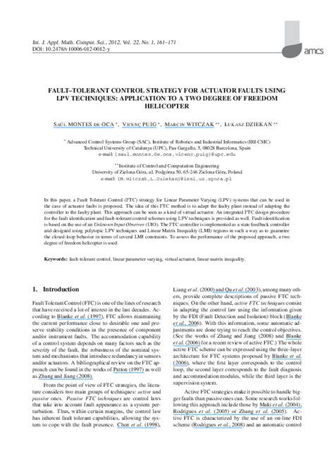 Pdf Fault Tolerant Control Strategy For Actuator Faults Using Lpv Techniques Application To A
