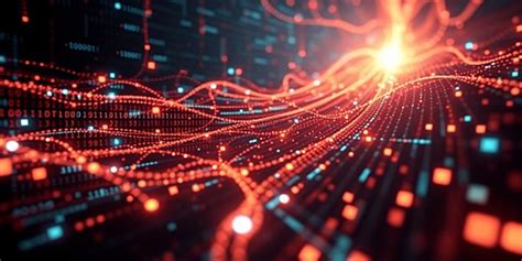 Abstract Digital Landscape With Glowing Red And Blue Data Streams