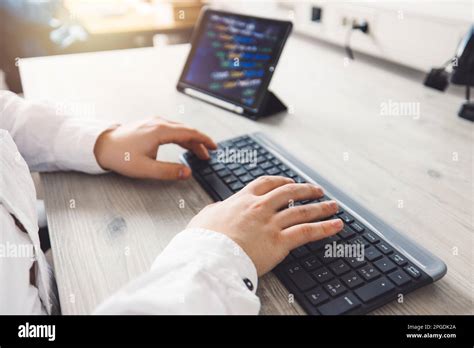 Close Up Unrecognizable Man Programmer Typing On A Keyboard Stock Photo Alamy