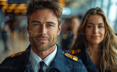 Close Up Of Handsome Male Pilot And His Female Colleague Standing In The Airport Terminal