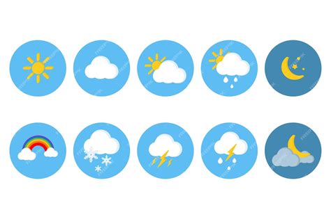 날씨 아이콘 세트 플랫 컬러 날씨 아이콘의 벡터 일러스트 웹 사이트 또는 모바일 앱 Ui 아이콘 일기 예보에 대 한 설정 인쇄 웹 또는 모바일 앱에 대 한 날씨 아이콘