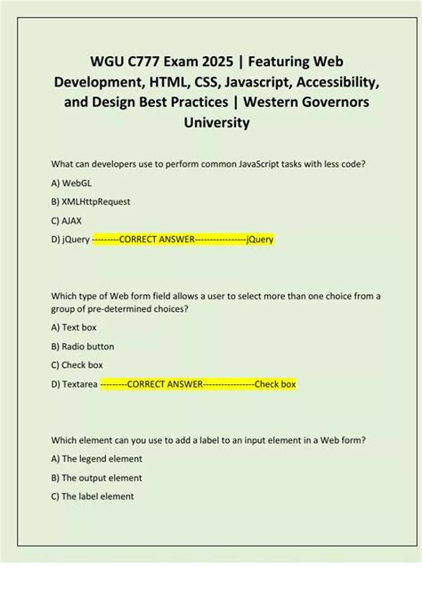 WGU C777 Exam 2025 Featuring Web Development HTML CSS Javascript Accessibility And Design