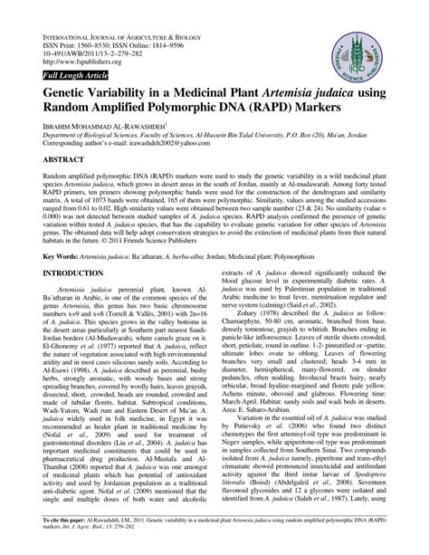 Pdf Genetic Variability In A Medicinal Plant Artemisia Judaica Using Random Amplified