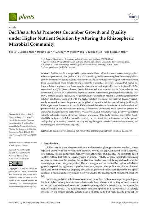 Pdf Bacillus Subtilis Promotes Cucumber Growth And Quality Under