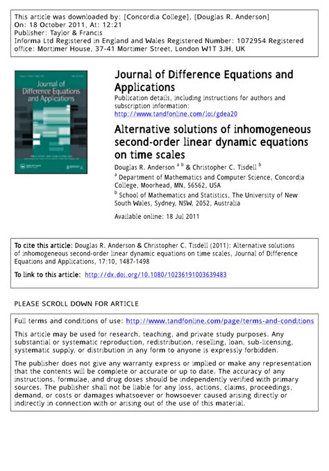 Pdf Alternative Solutions Of Inhomogeneous Secondorder Linear Dynamic