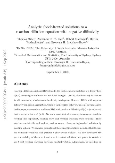 Pdf Analytic Shock Fronted Solutions To A Reaction Diffusion Equation With Negative Diffusivity