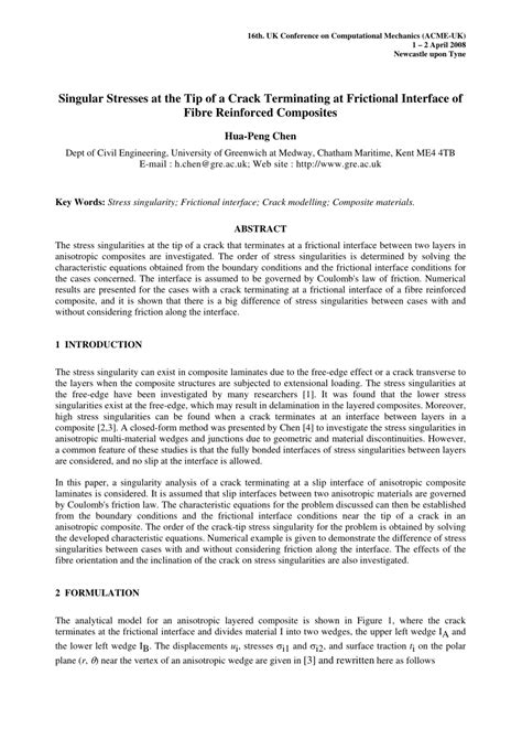 Pdf Singular Stresses At The Tip Of A Crack Terminating At Frictional Interface Of Fibre