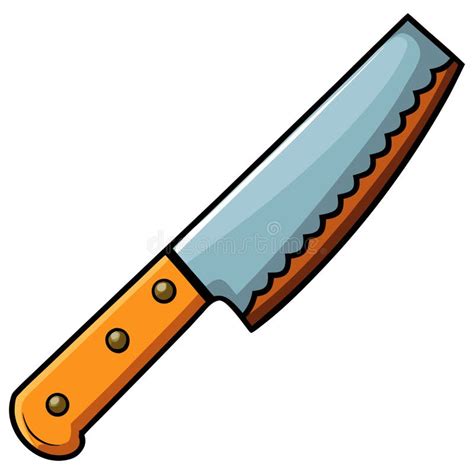 Cartoon Kitchen Knife With Serrated Blade And Orange Handle Stock