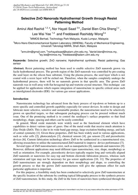 Pdf Selective Zno Nanorods Hydrothermal Growth Through Resist
