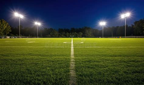 Illuminated Football Field At Night Vibrant Green Grass Bright