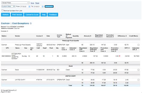 Cost Exceptions Report