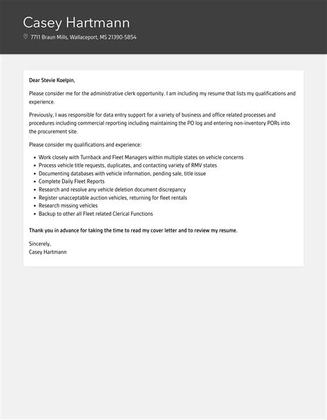 Administrative Clerk Cover Letter Velvet Jobs