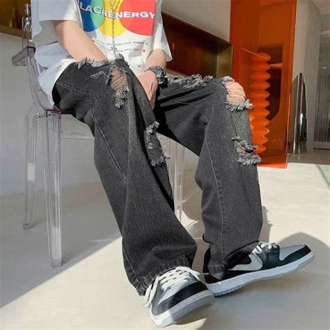 Mens Wide Leg Jeans Neverdie Street Style Ripped Wide Leg Jeans Jn02
