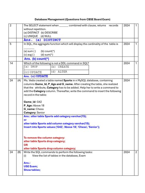 Database Management Questions From Cbse Board Exam Pdf Table