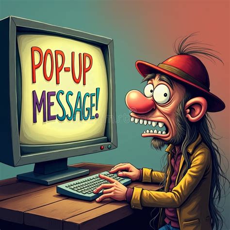 Computer Cartoon Sign Pop Up Message Annoying False Information Intimidation Threat Software