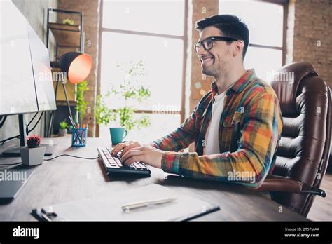 Profile Photo Of Successful Intelligent Front End Developer Sit Chair Keyboard Write Script Code