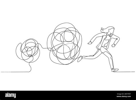 Cartoon Of Businesswoman Running Away From Tangled Line Ball Concept Of
