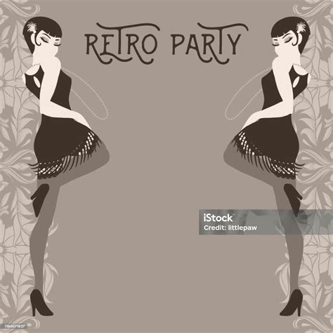 복고풍 의 파티 카드 젊은 여자 옷을 입고 1920 년대 스타일 플래퍼 소녀 벡터 일러스트 1920 1929 년에 대한 스톡