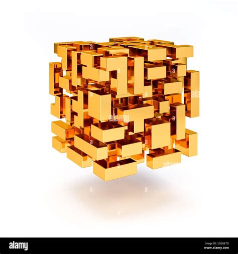 a cube of hovering tetris like golden blocks in an exploded view abstract background stock
