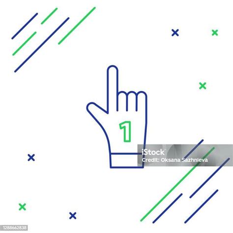 파란색과 녹색 라인 번호 1 흰색 배경에 고립 된 손가락 제기 아이콘과 팬 손 장갑 대회에서 팀 지원의 상징 다채로운 개요 개념 벡터 일러스트레이션 1에 대한 스톡 벡터