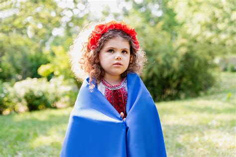 우크라이나 어 어린이 소녀 자수 셔츠 Vyshyvanka 와 노란색과 파란색 플래그 우크라이나 필드에서 8월에 대한 스톡 사진 및 기타 이미지 Istock