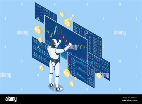 an isometric vector illustration of an ai trading robot analyzing stock