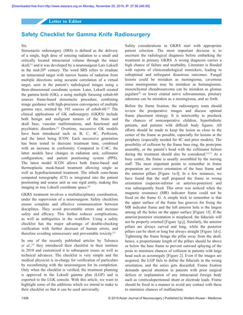 Pdf Safety Checklist For Gamma Knife Radiosurgery