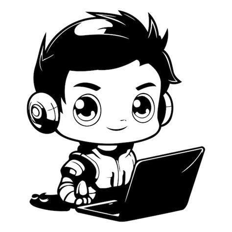 Süßer Junge Mit Laptop Vektor Illustration Isoliert Auf Weißem