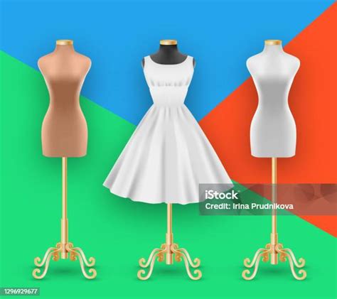 패션 여성 드레스 모형과 마네킹 컬렉션 플리츠가 달린 푹신한 스커트가 있는 화이트 드레스 사실적인 3d 개체입니다 색상 배경에 격리 된 더미의 흰색 회색 및 검은 색 변형