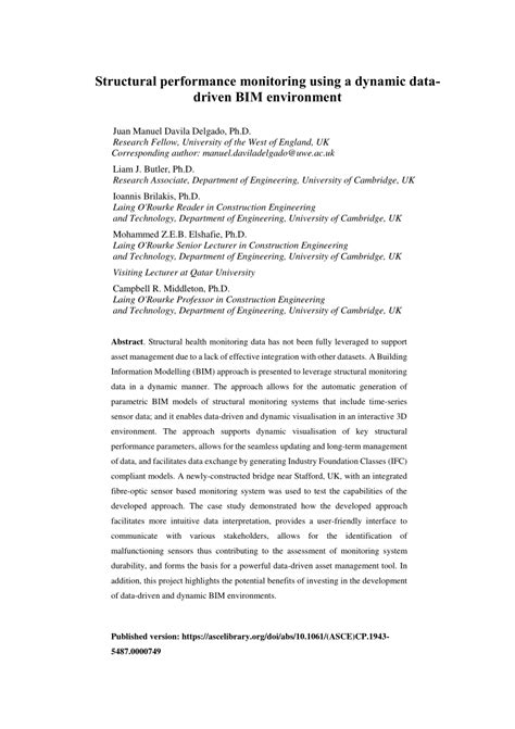 Pdf Structural Performance Monitoring Using A Dynamic Data Driven Bim