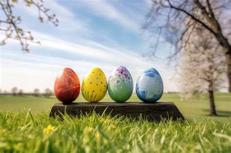 Hand Painted Easter Eggs On Wooden Blocks In Tall Grass Stock