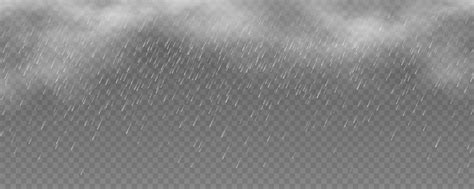 투명한 배경에 안개 효과가 있는 사실적인 폭우 안개 낀 구름과 빗방울이 드라마틱한 날씨 장면을 연출합니다 계절 일러스트레이션 또는 분위기 있는 오버레이를 위한 푸티지 벡터