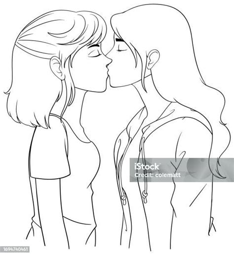 Couple De Lesbiennes Dessin Animé Baisers Contour Doodle Vecteurs
